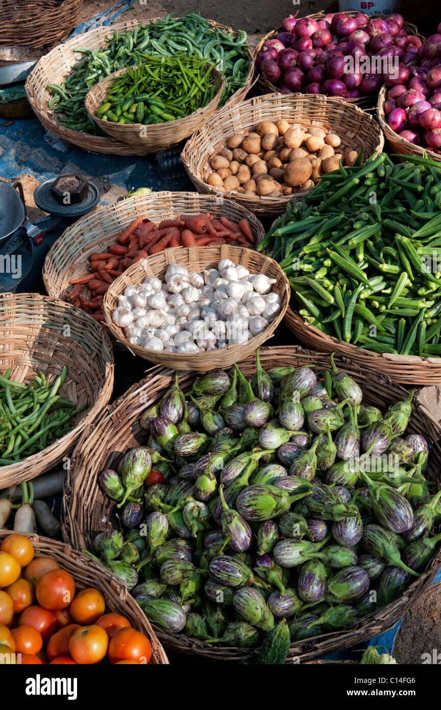 Indian vegetables in baskets at a rural village market, Andhra Pradesh ...