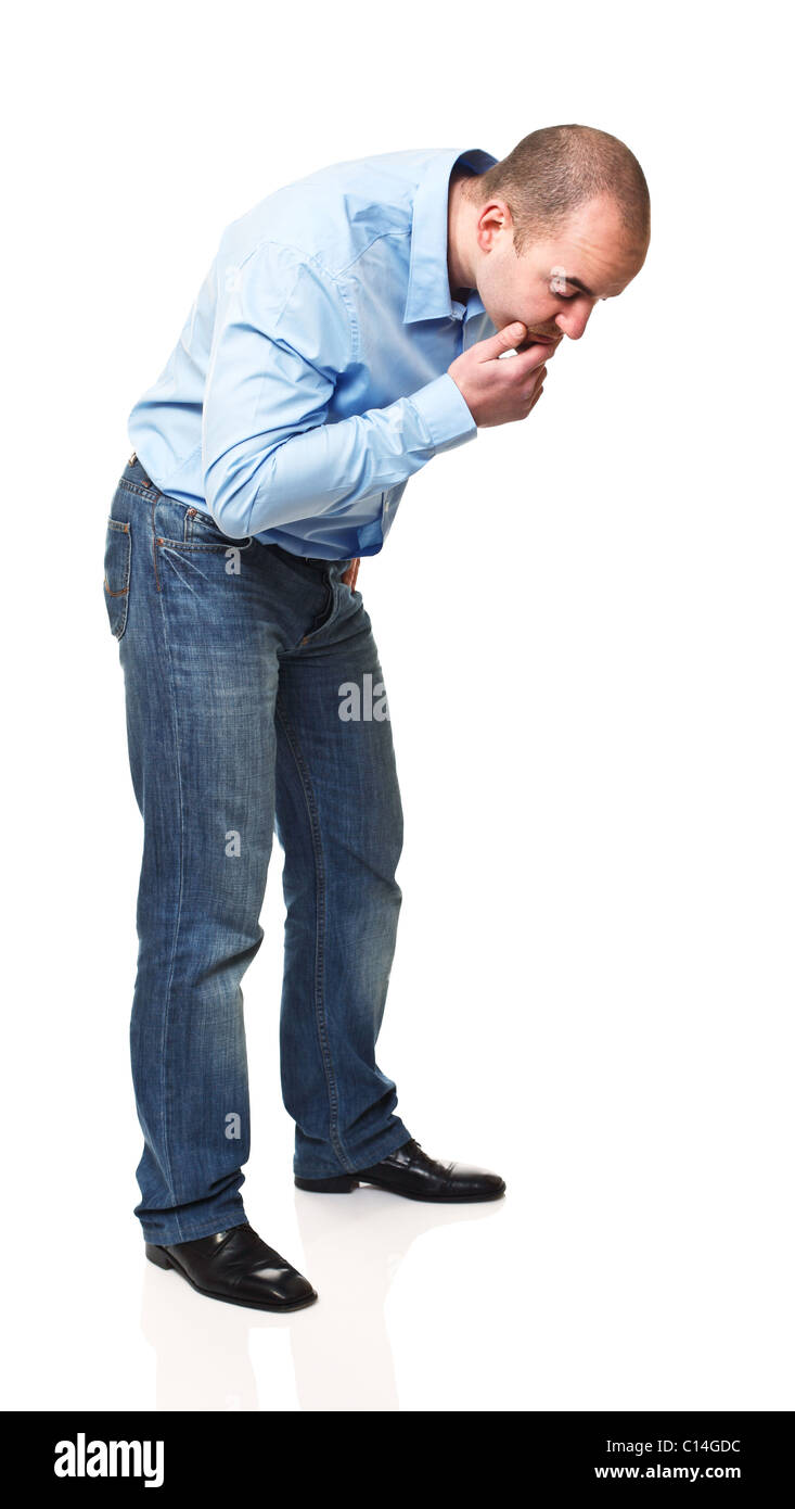 young caucasian man looking down isolated on white Stock Photo - Alamy