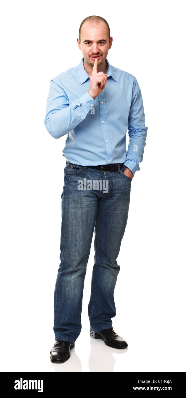 caucasian business man on duty in silence gesture isolated on white ...