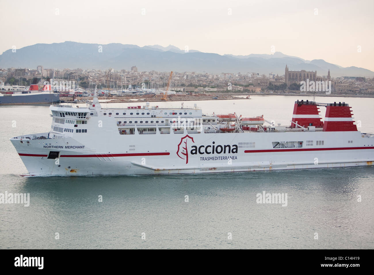 Early morning arrival. Mediterranean ferry arriving Palma Mallorca ...