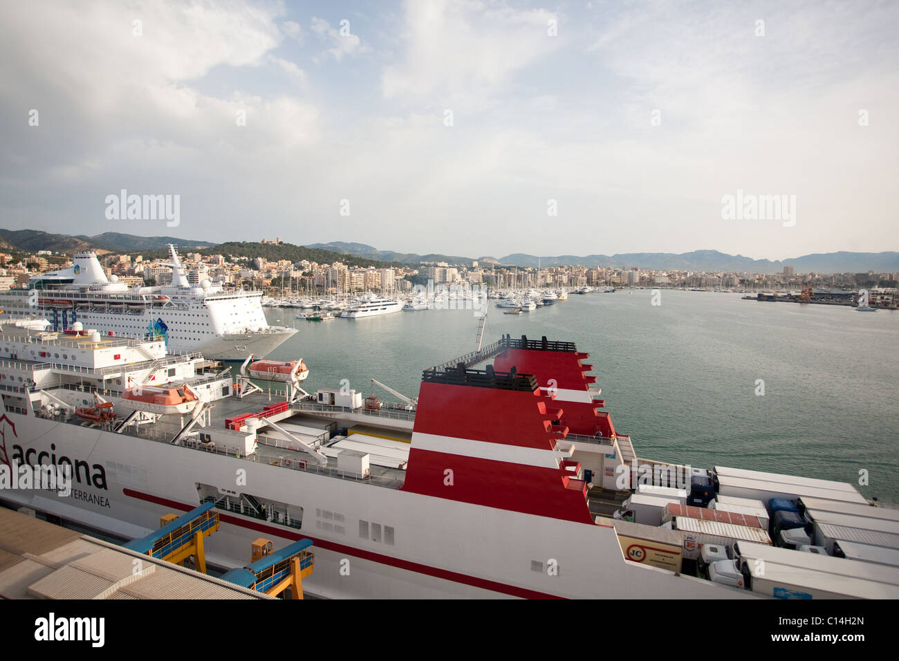 Palma Mallorca Harbour.Lorries and trailers loaded on Mediterranean ...