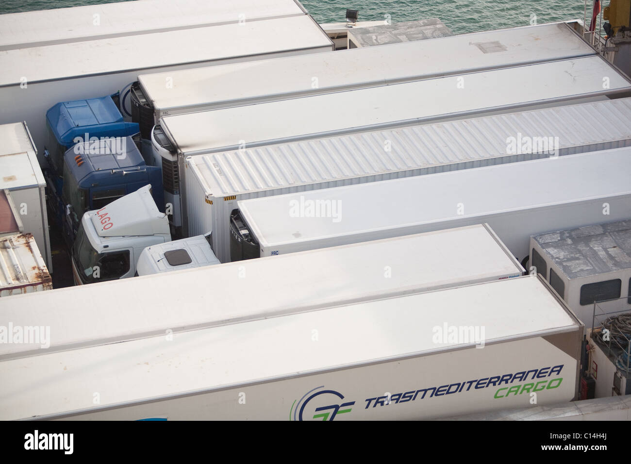 Ro ro Lorries and trailers loaded on Mediterranean ferry arriving Palma ...