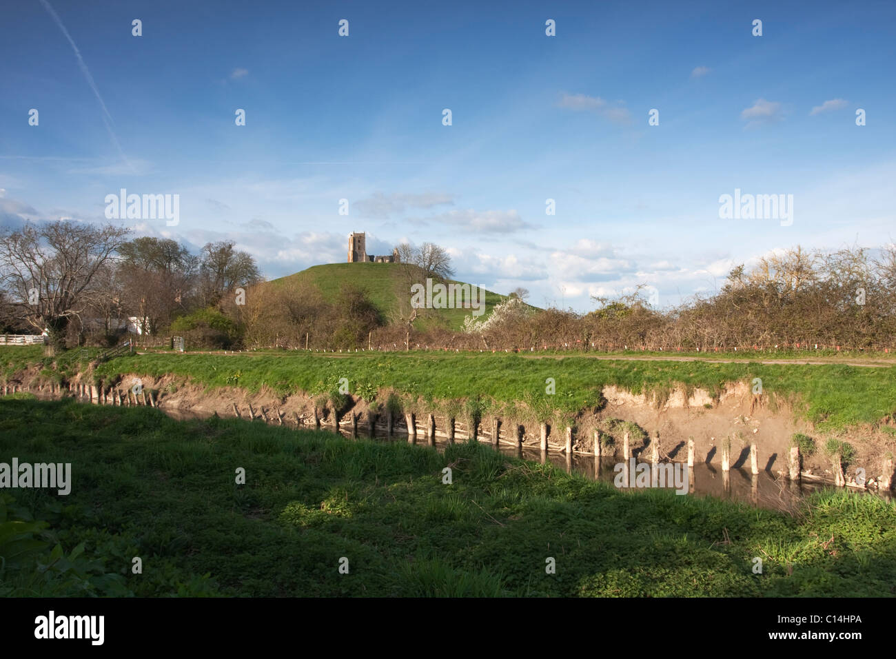 View of Burrow Mump in the early evening, with the River Parrett in the ...
