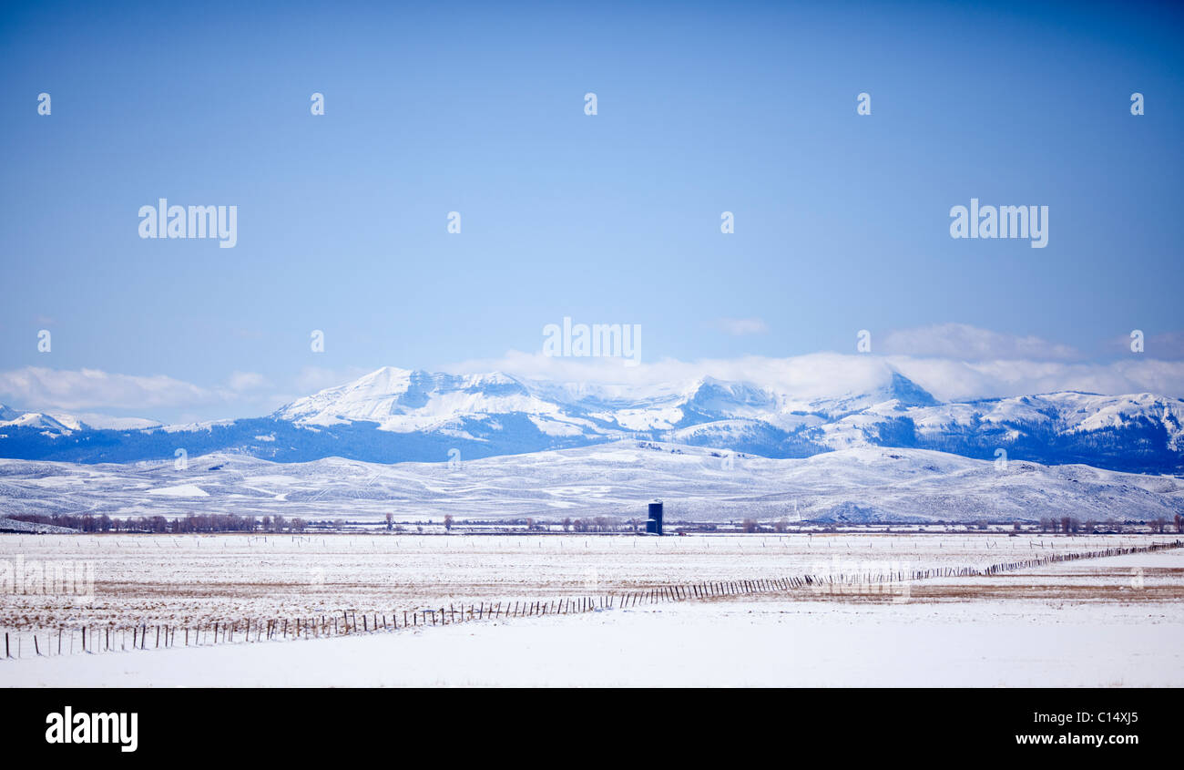 Looking west over snowy ranch land, Upper Green River Valley, facing ...