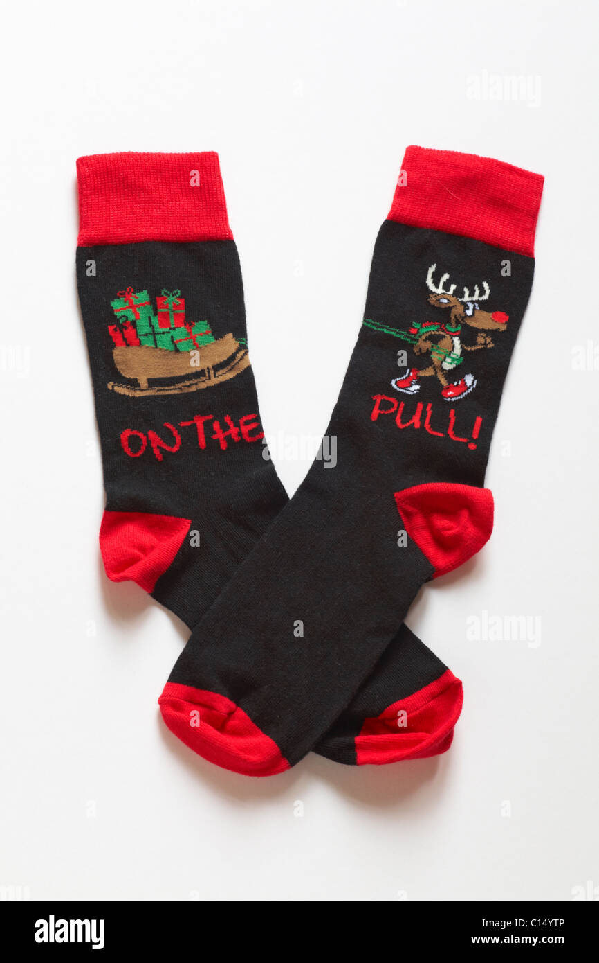 Novelty christmas socks - on the pull, Rudolph pulling sleigh of ...