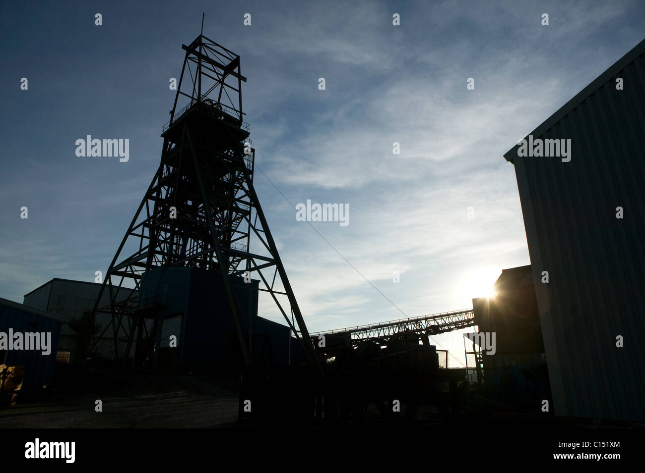 The head gear silhouetted at South Crofty Tin Mine, Camborne, Cornwall ...