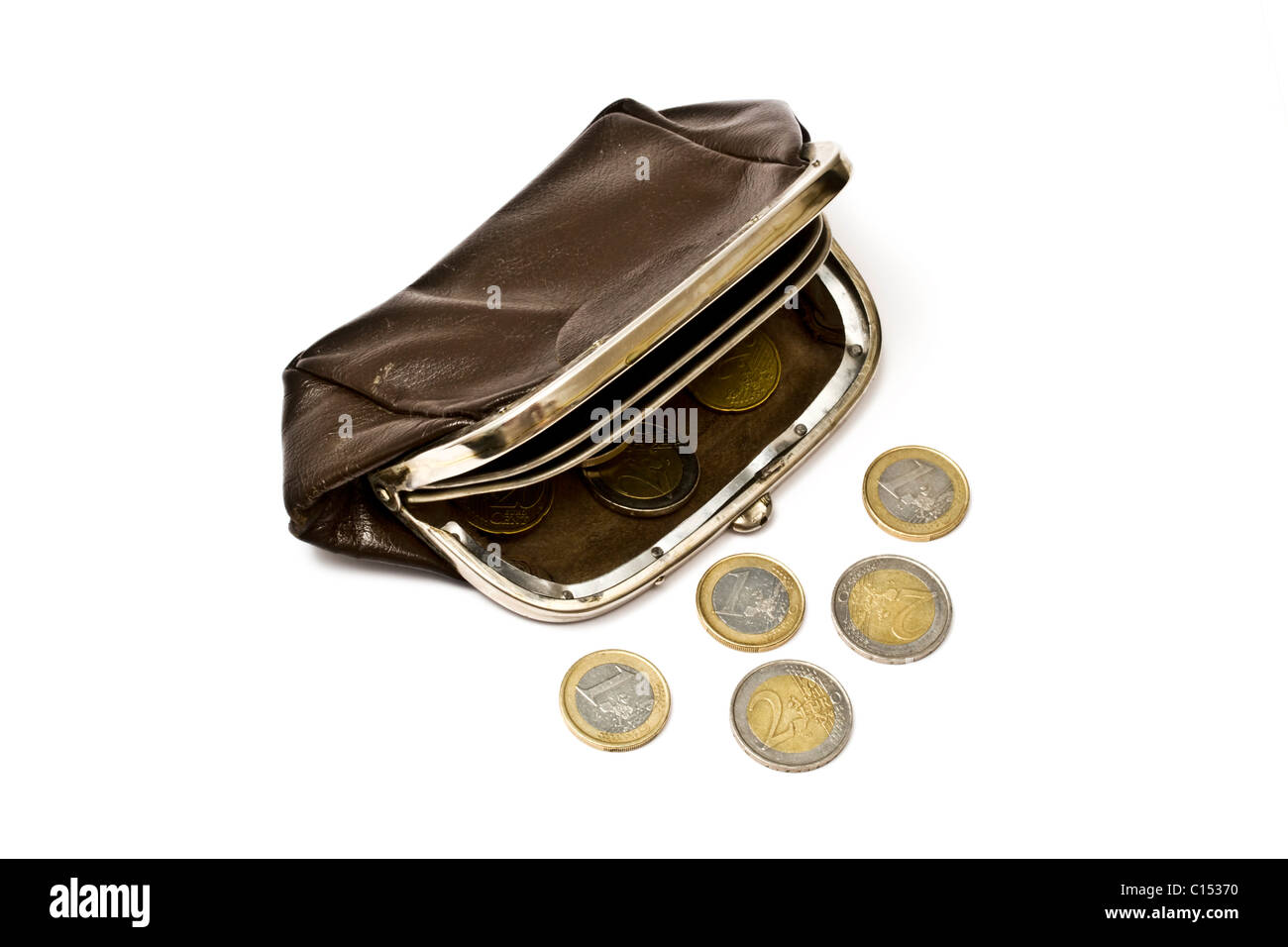 Old purse and euro coins isolated on white background Stock Photo - Alamy