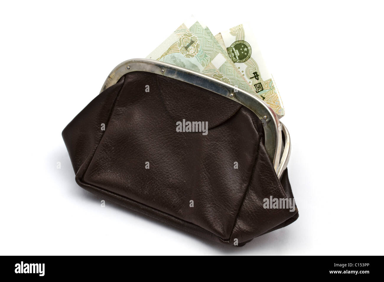 Chinese money in old purse isolated on white background Stock Photo - Alamy