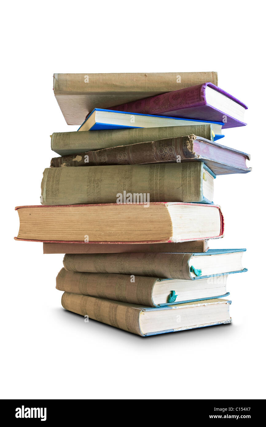A lot to read, large pile of old books, isolated over white background ...