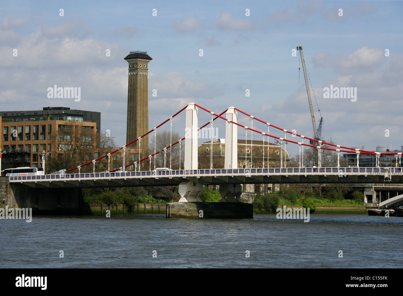 Chelsea Bridge, the River Thames and the Tower of the Victorian Sewage ...