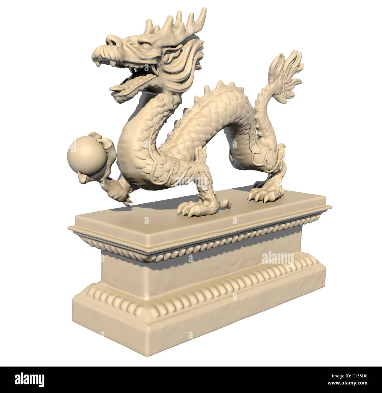 White Chinese dragon statue holding a ball in his claws, isolated ...