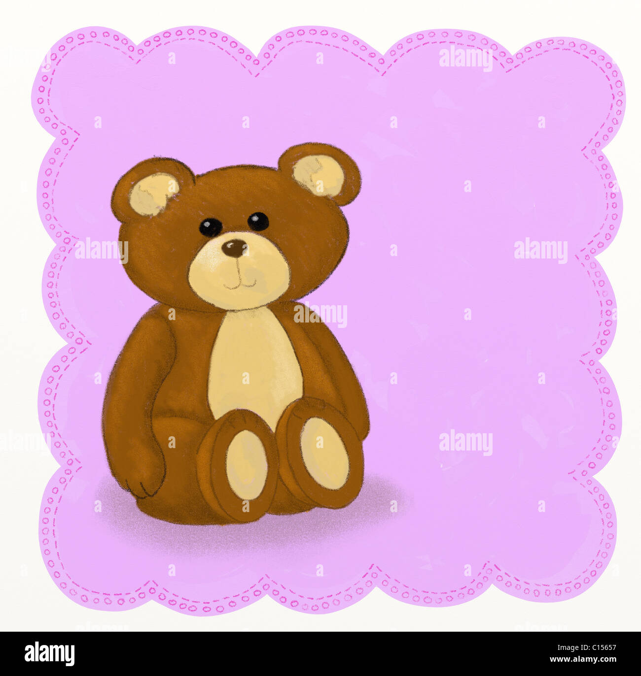 Childish style illustration of a teddy bear sitting on a pink ...
