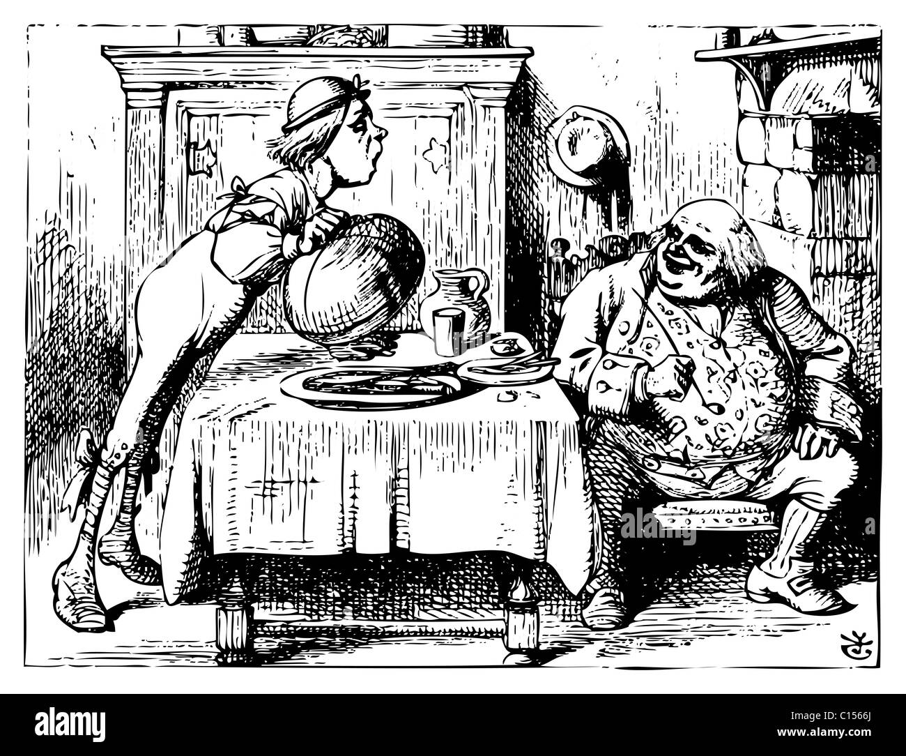 Alice in Wonderland old engraving. Father William eating in his house ...