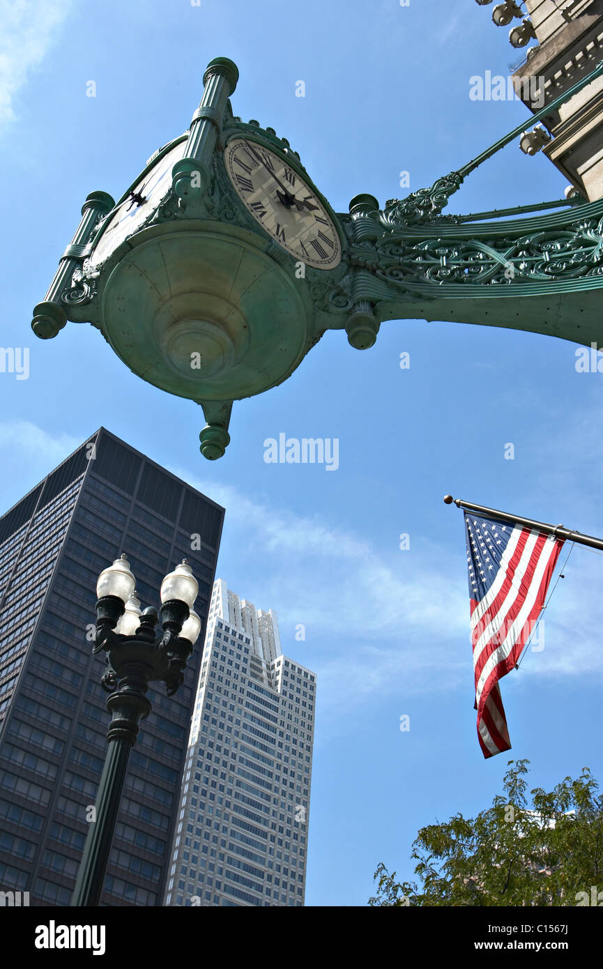 Corner clock outside of Marshall Field and Company Building Stock Photo ...