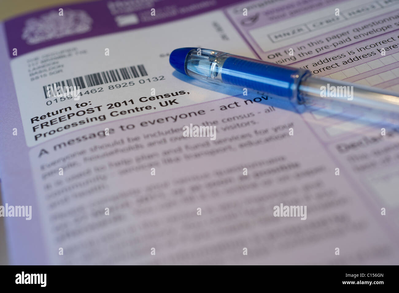 A close up view of the top of the front page of the UK 2011 Census form ...
