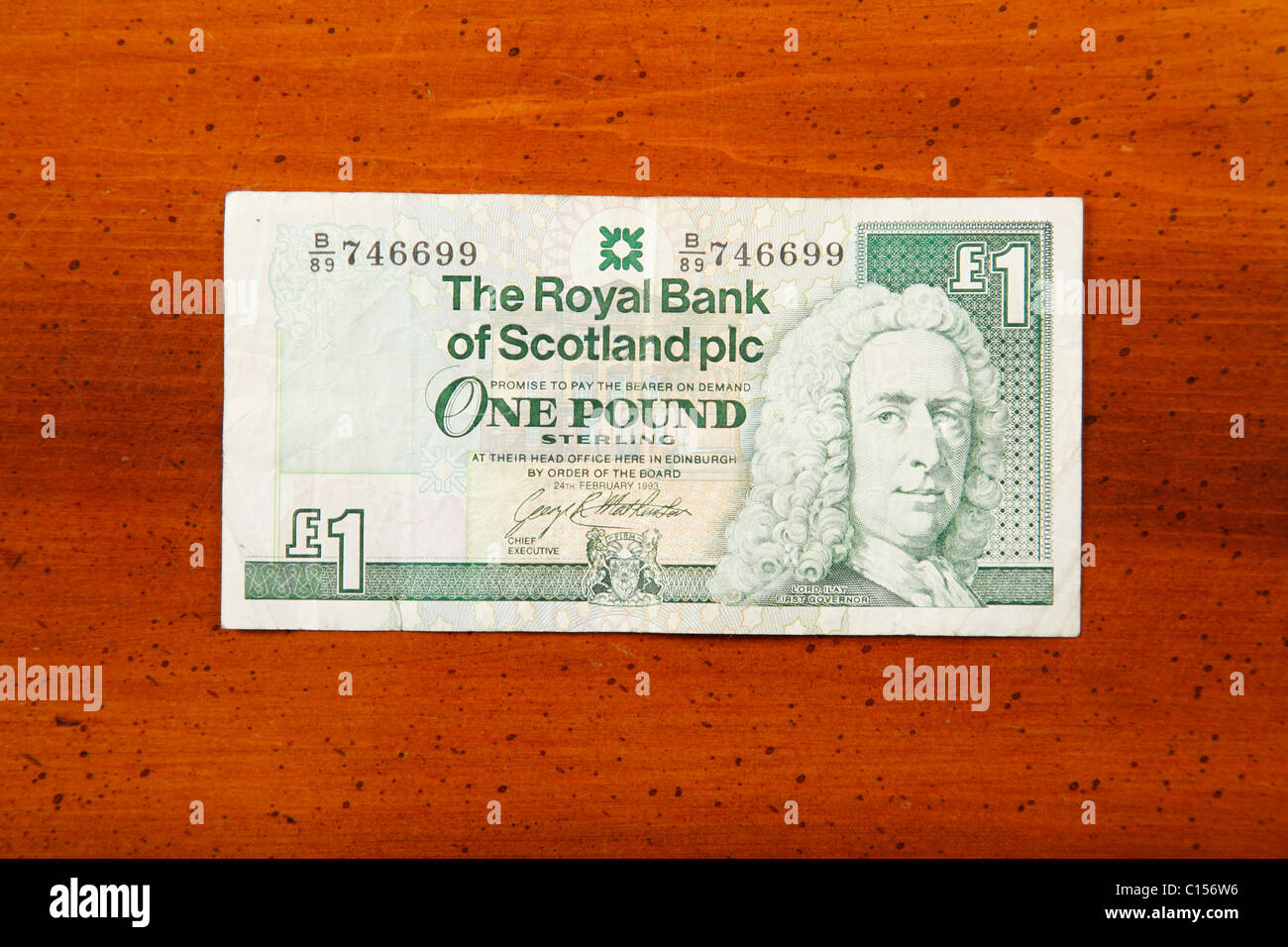 One pound Scottish currency note on table showing Lord Ilay Stock Photo ...