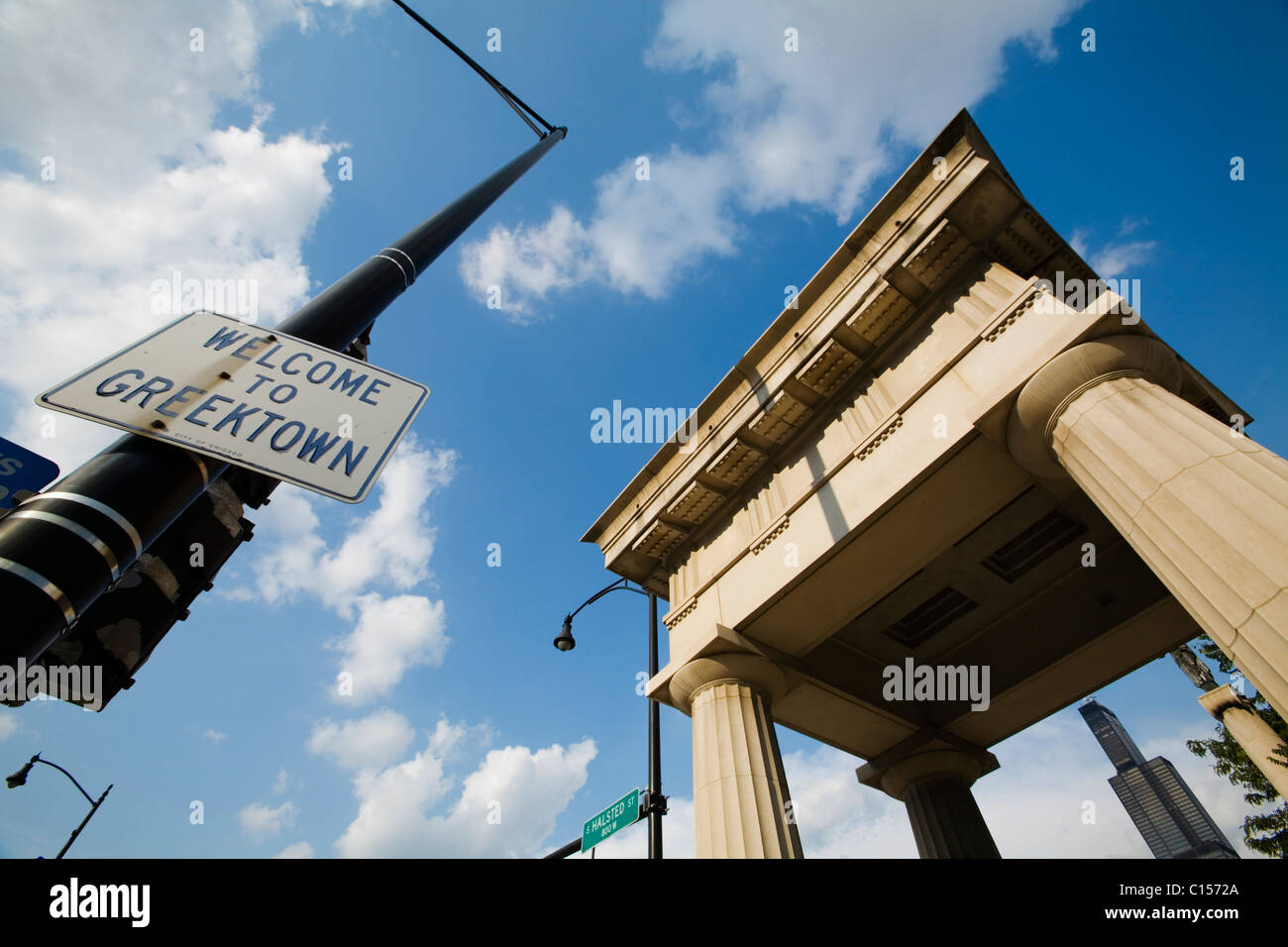 Information sign welcome greektown portico hi-res stock photography and ...