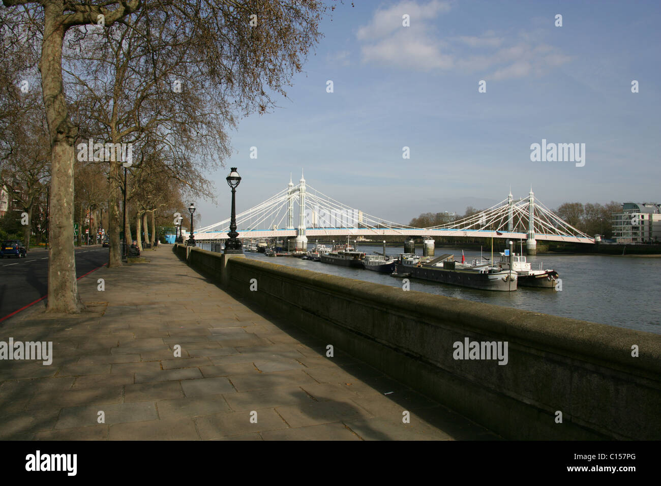 Albert Bridge, River Thames, Chelsea, London, UK. View from Chelsea ...