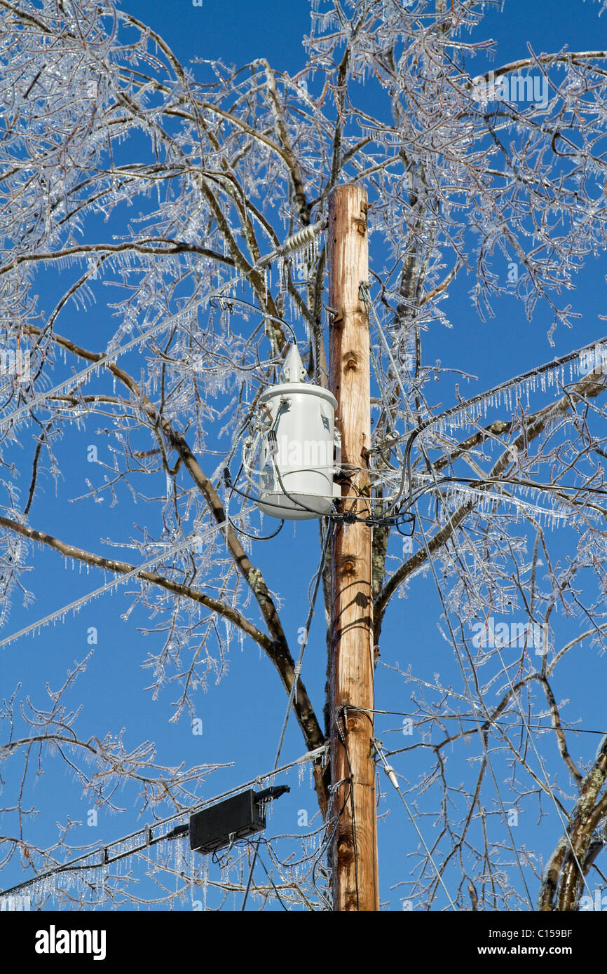 A winter ice storm, freezing rain, forms icicles and causes a power ...