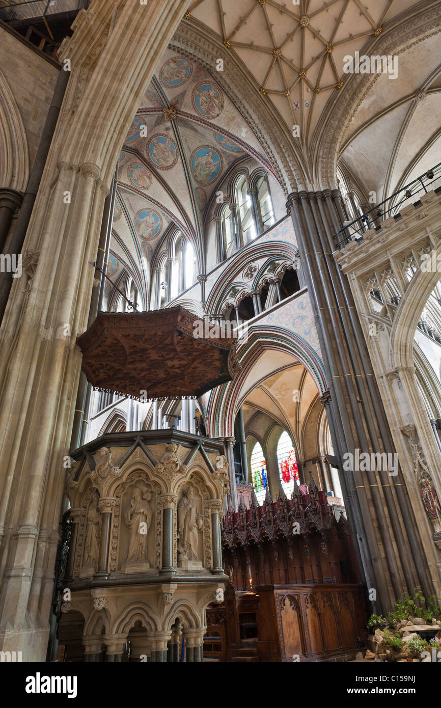 High Pulpit at Salisbury. A raised pulpit with canopy cover, set among ...