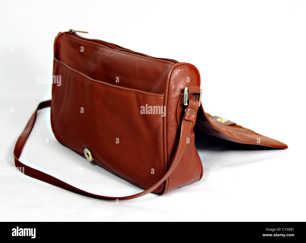 Handbag with flap-over cover and clasp. Zip opener and strap, with ...