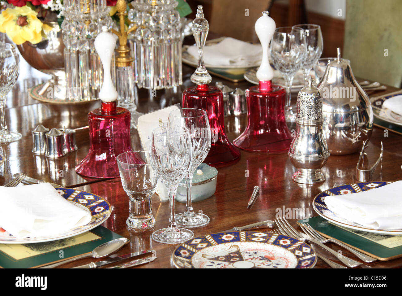 Village of Mey, Scotland. Close up view of dining table set for a ...