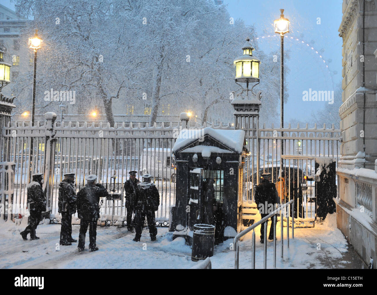 Downing Street in the snow Heavy snowfall arrives in London, England on ...