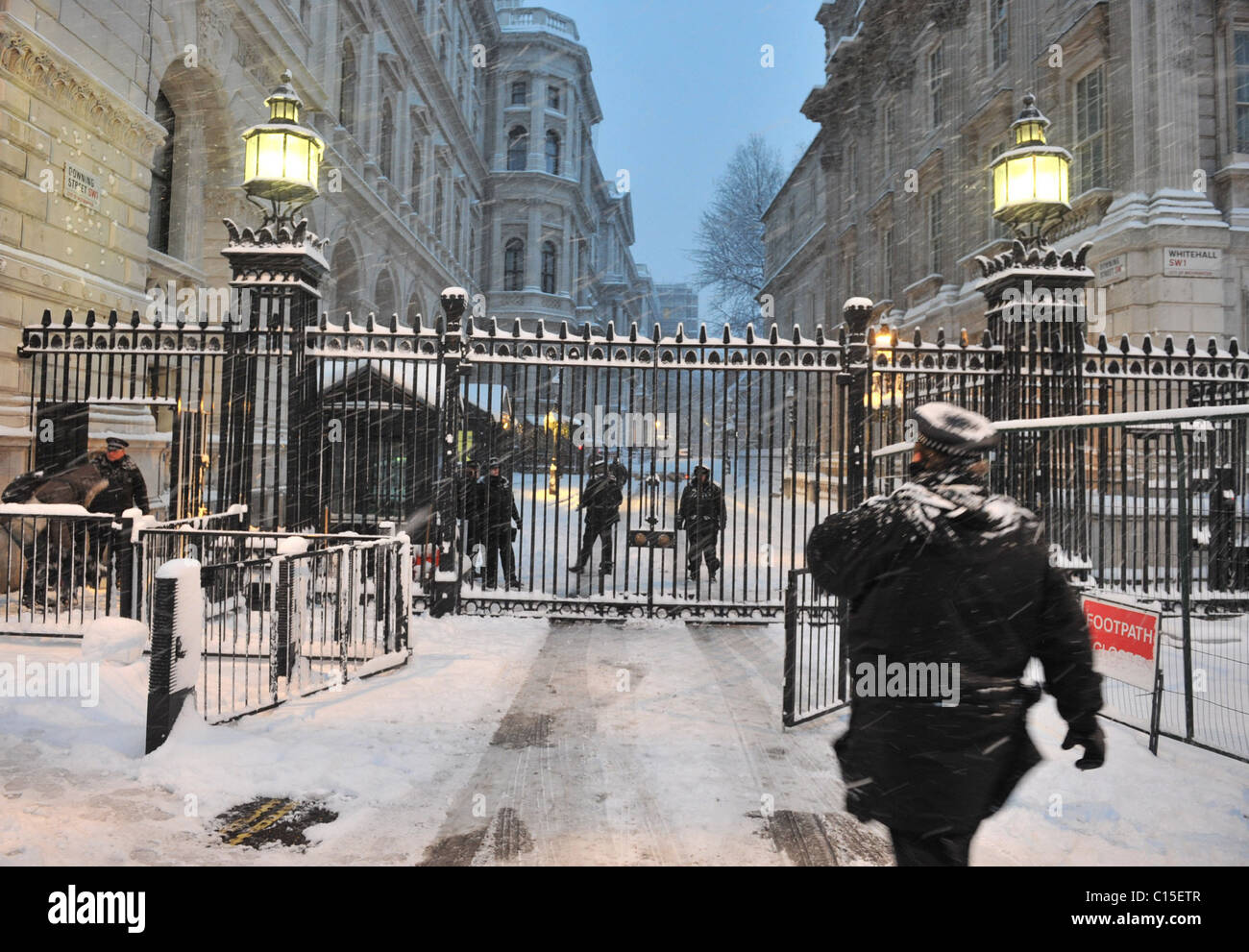 Downing Street in the snow Heavy snowfall arrives in London, England on ...