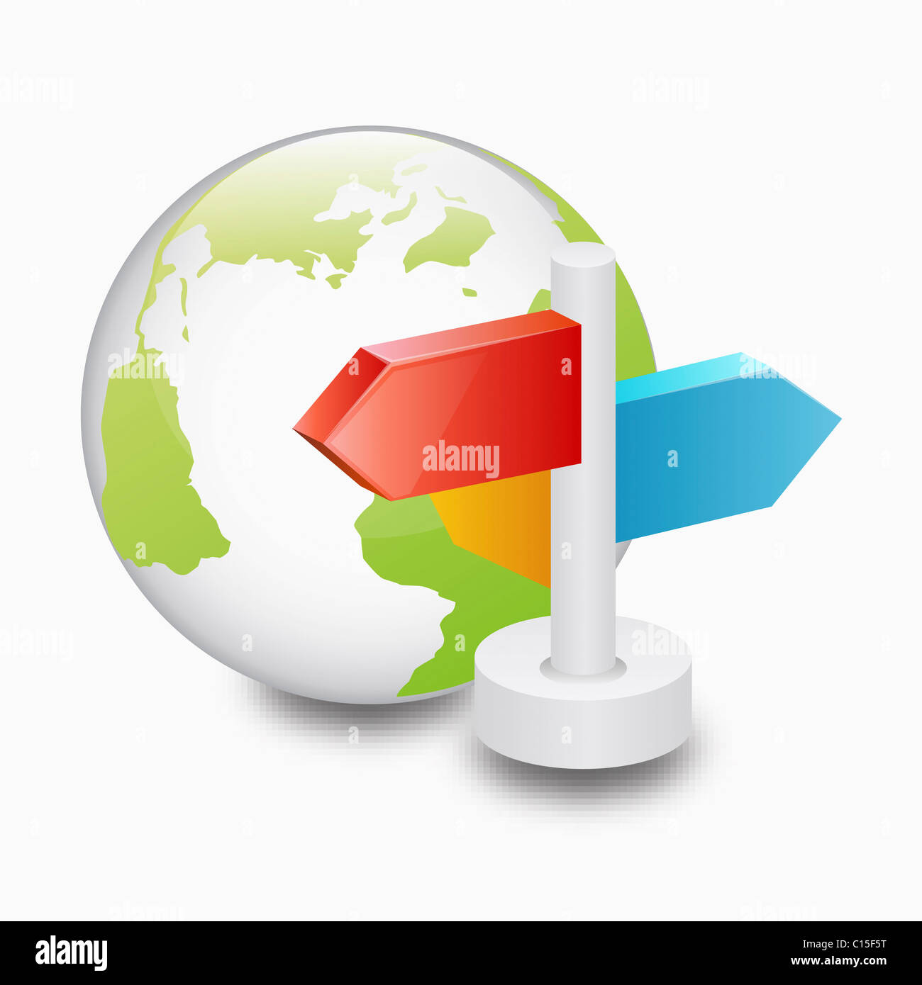 Direction sign beside globe Stock Photo - Alamy