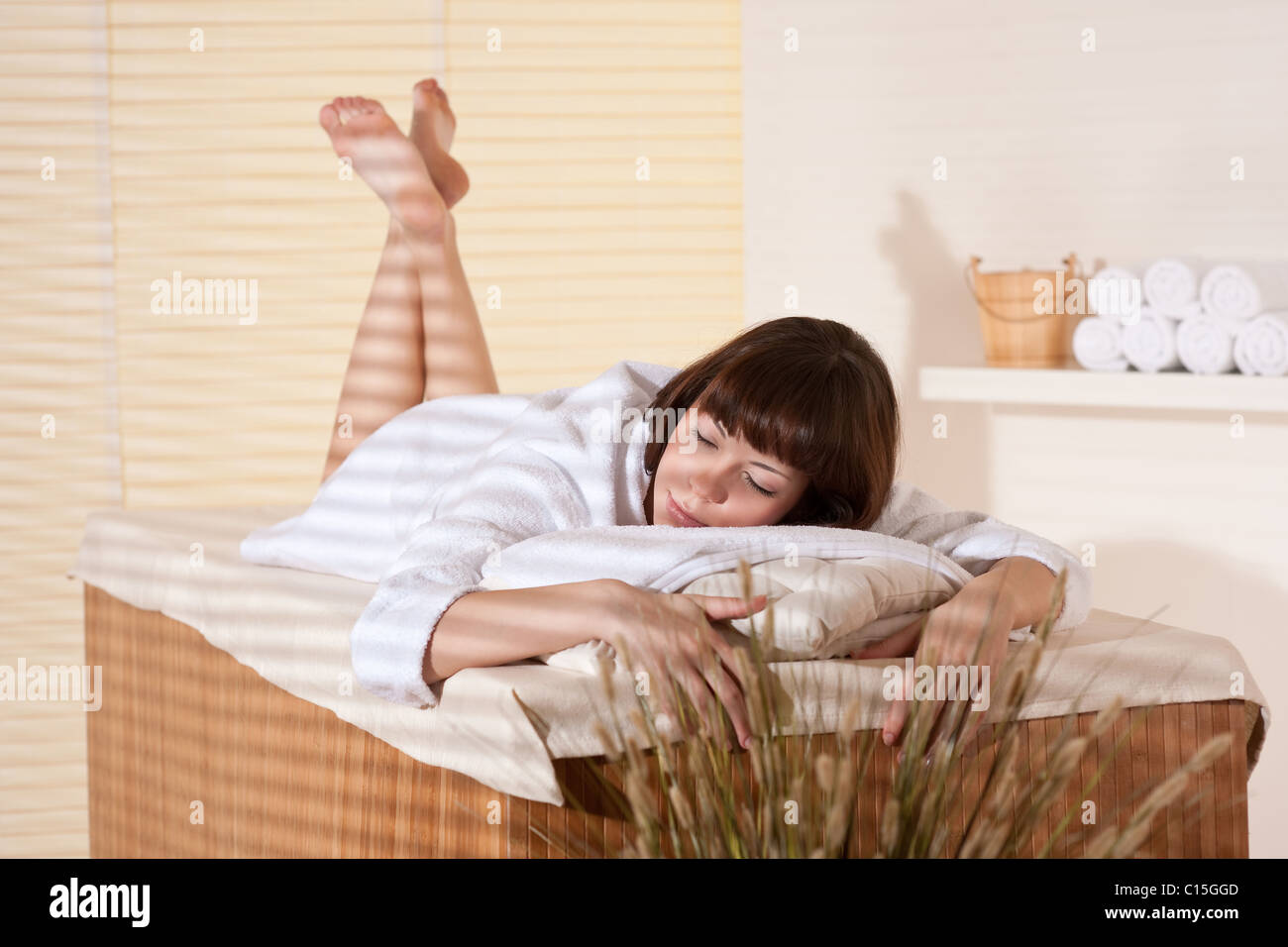 Spa - Young female client at wellness therapy massage treatment Stock ...