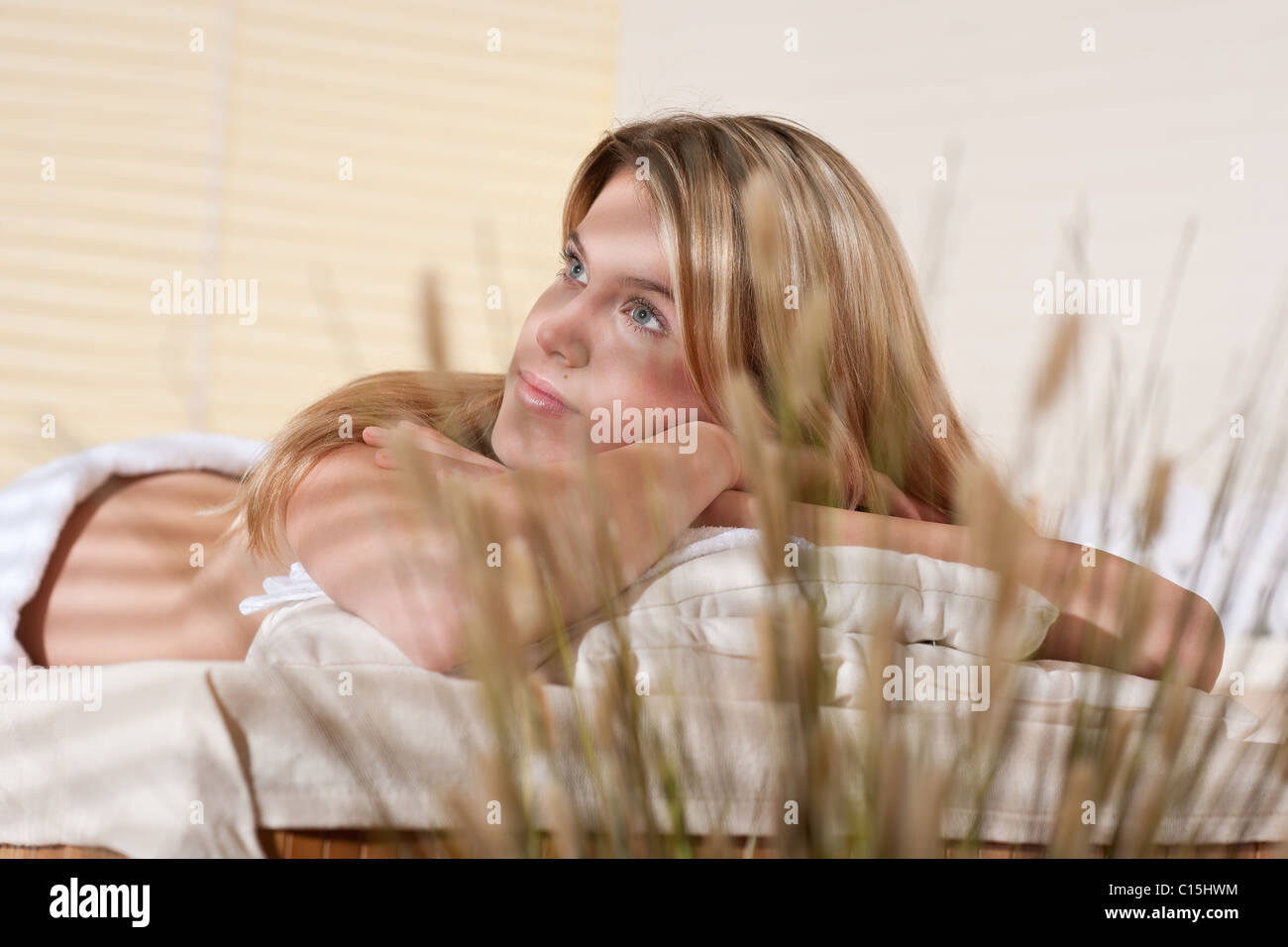 Spa - Young woman at wellness therapy treatment relaxing Stock Photo ...