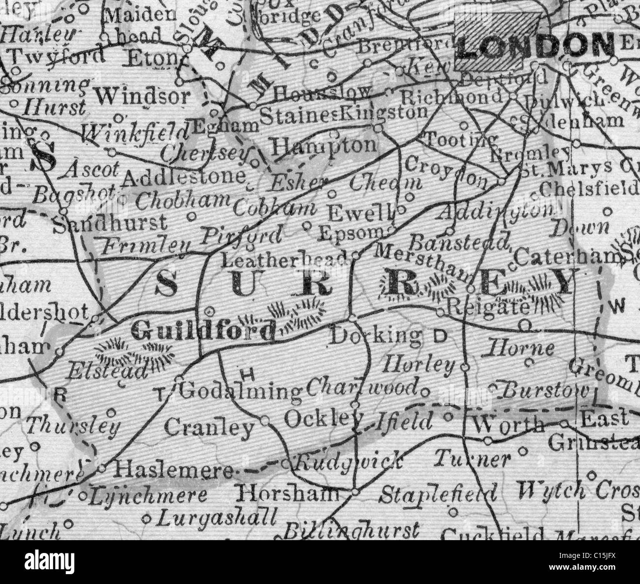 Old map of Surrey County from original geography textbook, 1884 Stock ...