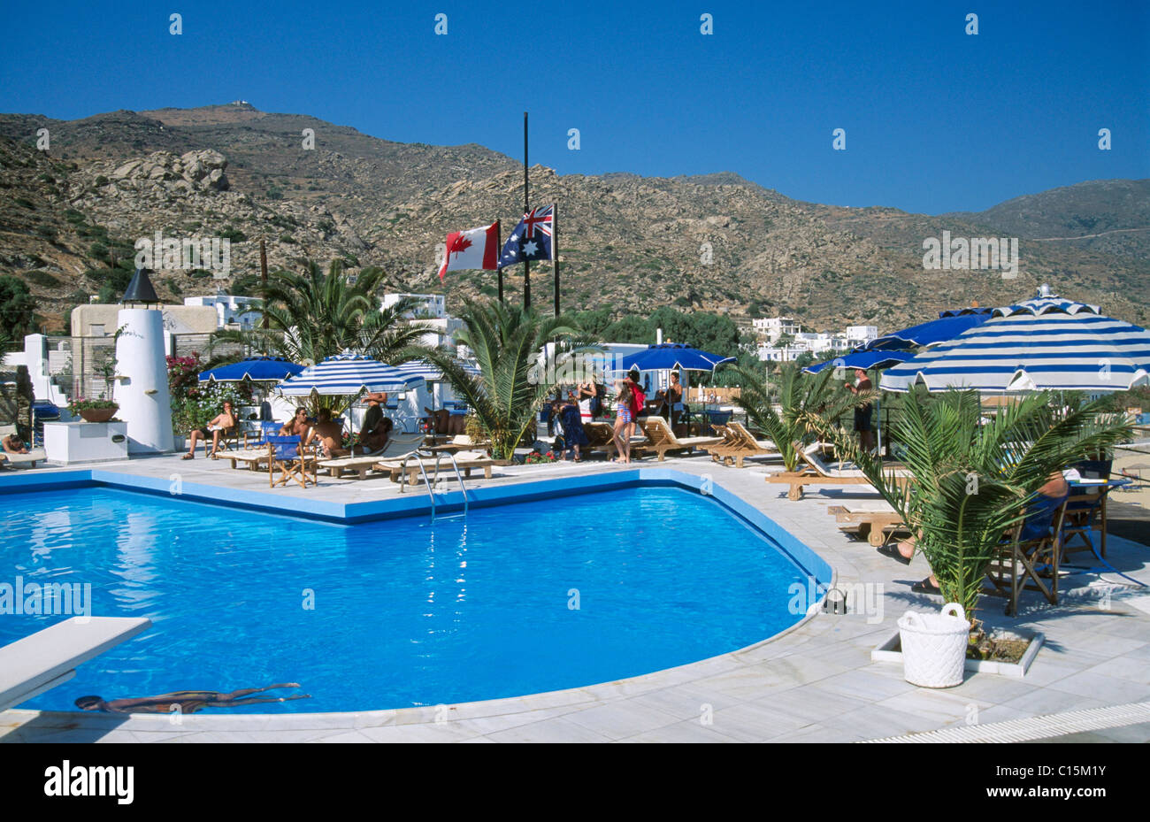 Hotel swimming pool, Milopotas Beach, Ios Island, Cyclades, Greece ...