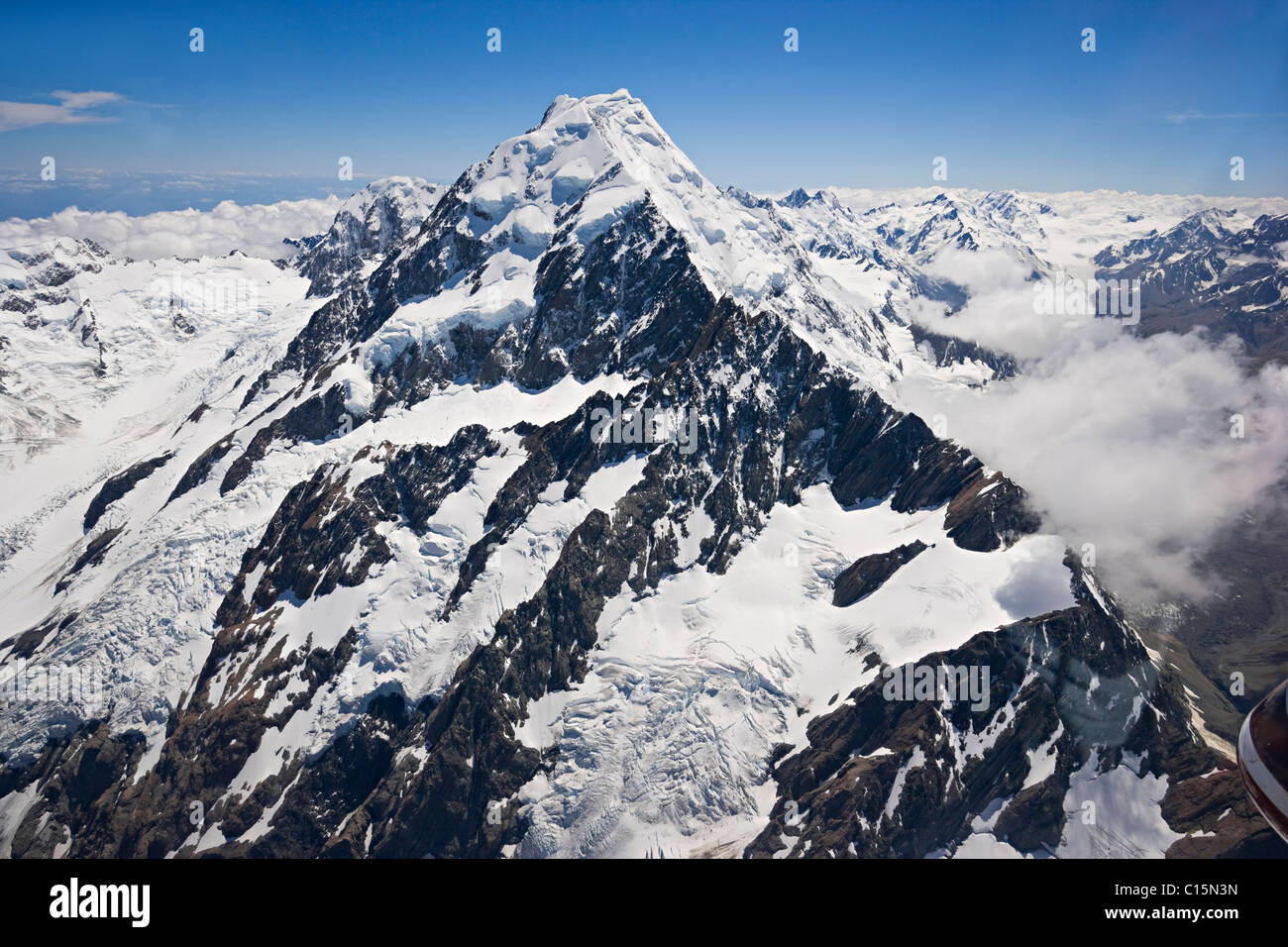 Aerial view of mount Cook's peak, souther alps, south island New ...