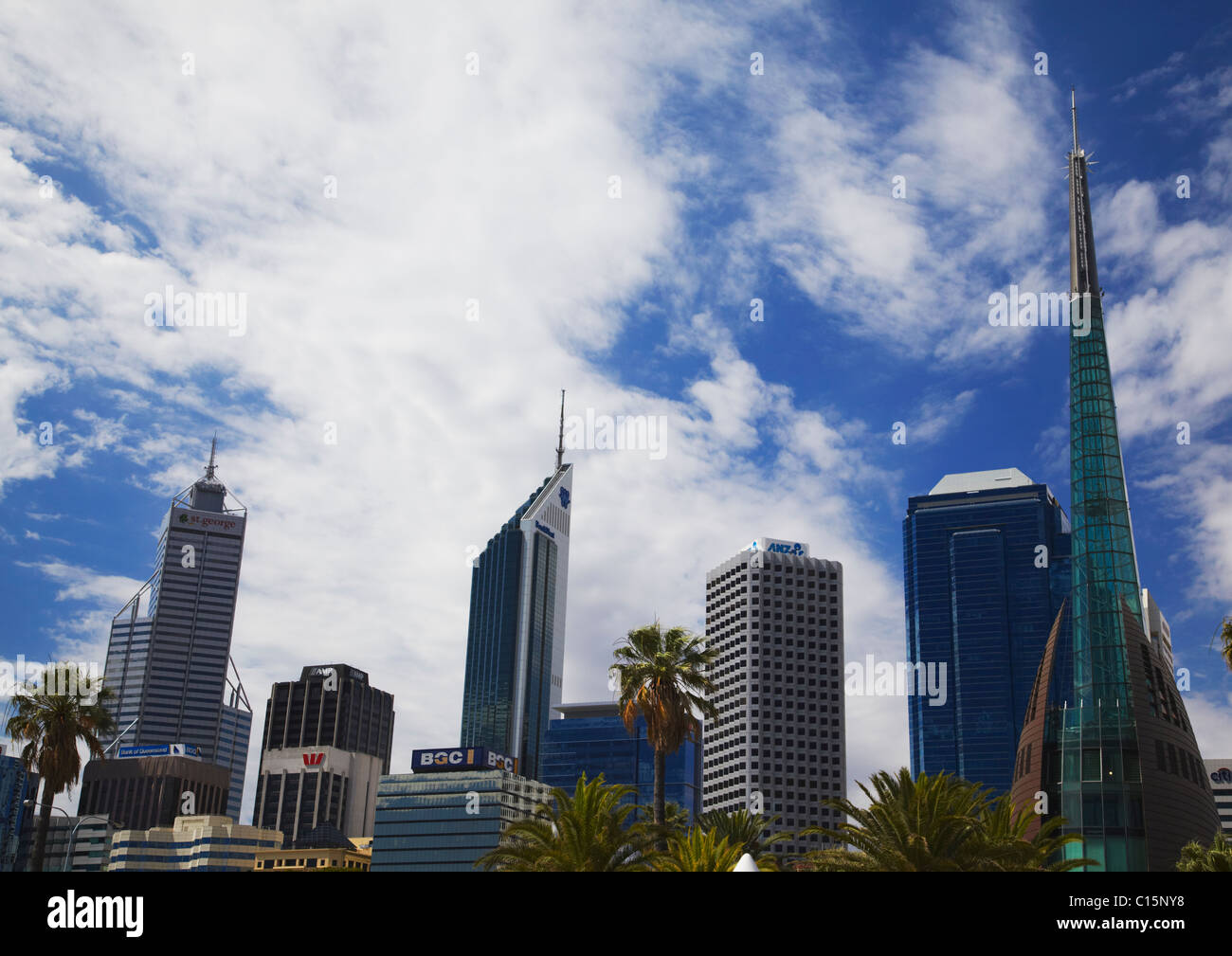Skyscrapers of city skyline and Swan Bell Tower, Perth, Western ...