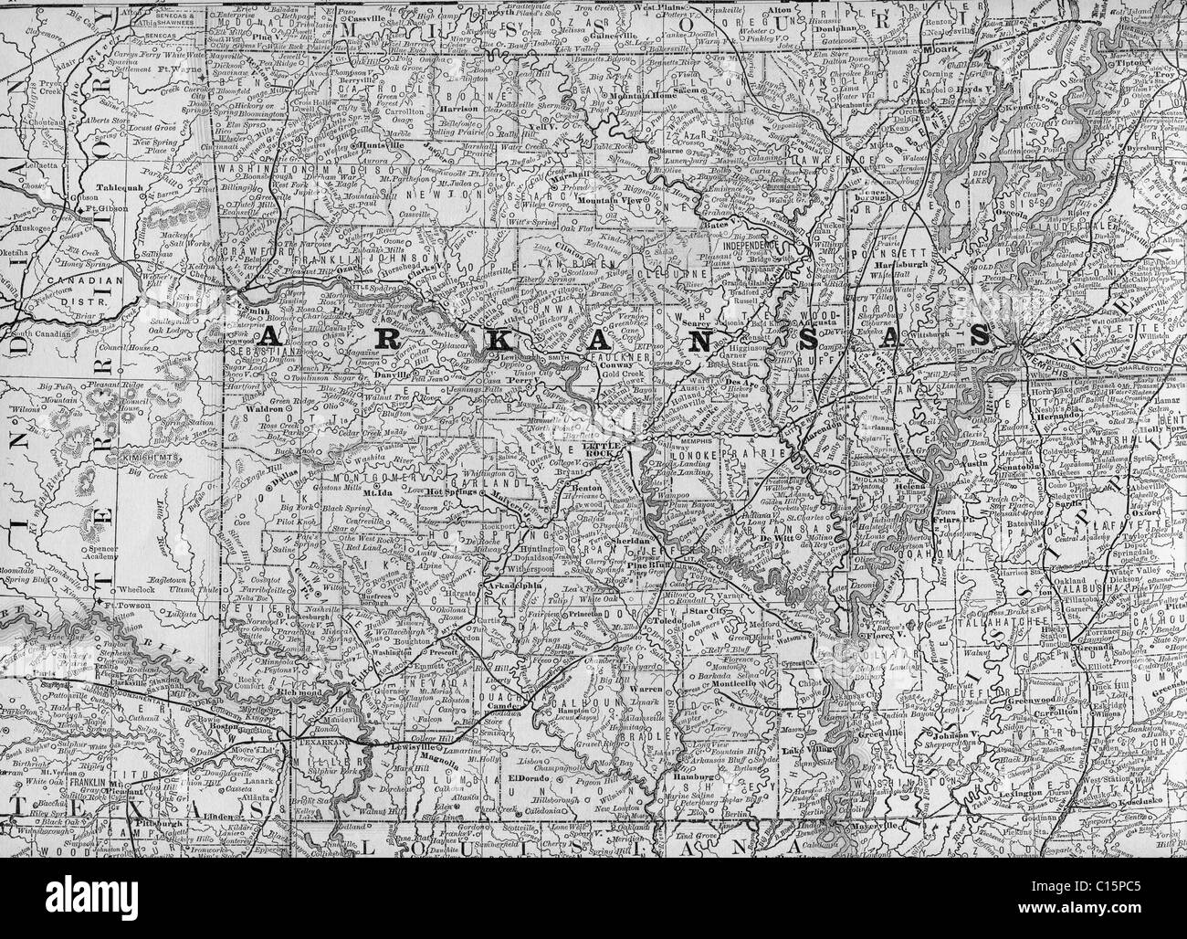 Old map of Arkansas from original geography textbook, 1884 Stock Photo ...