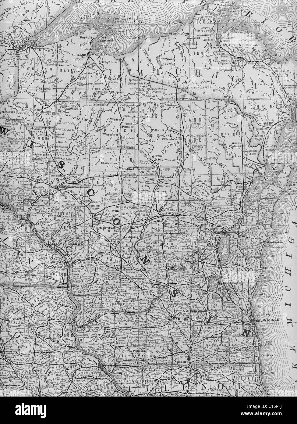 Old map of Wisconsin from original geography textbook, 1884 Stock Photo ...