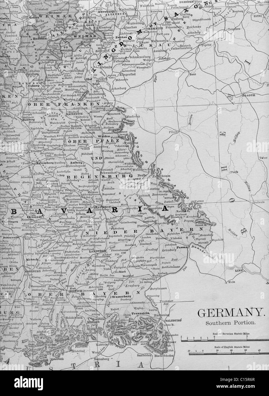 Old map of Bavaria from original geography textbook, 1884 Stock Photo ...