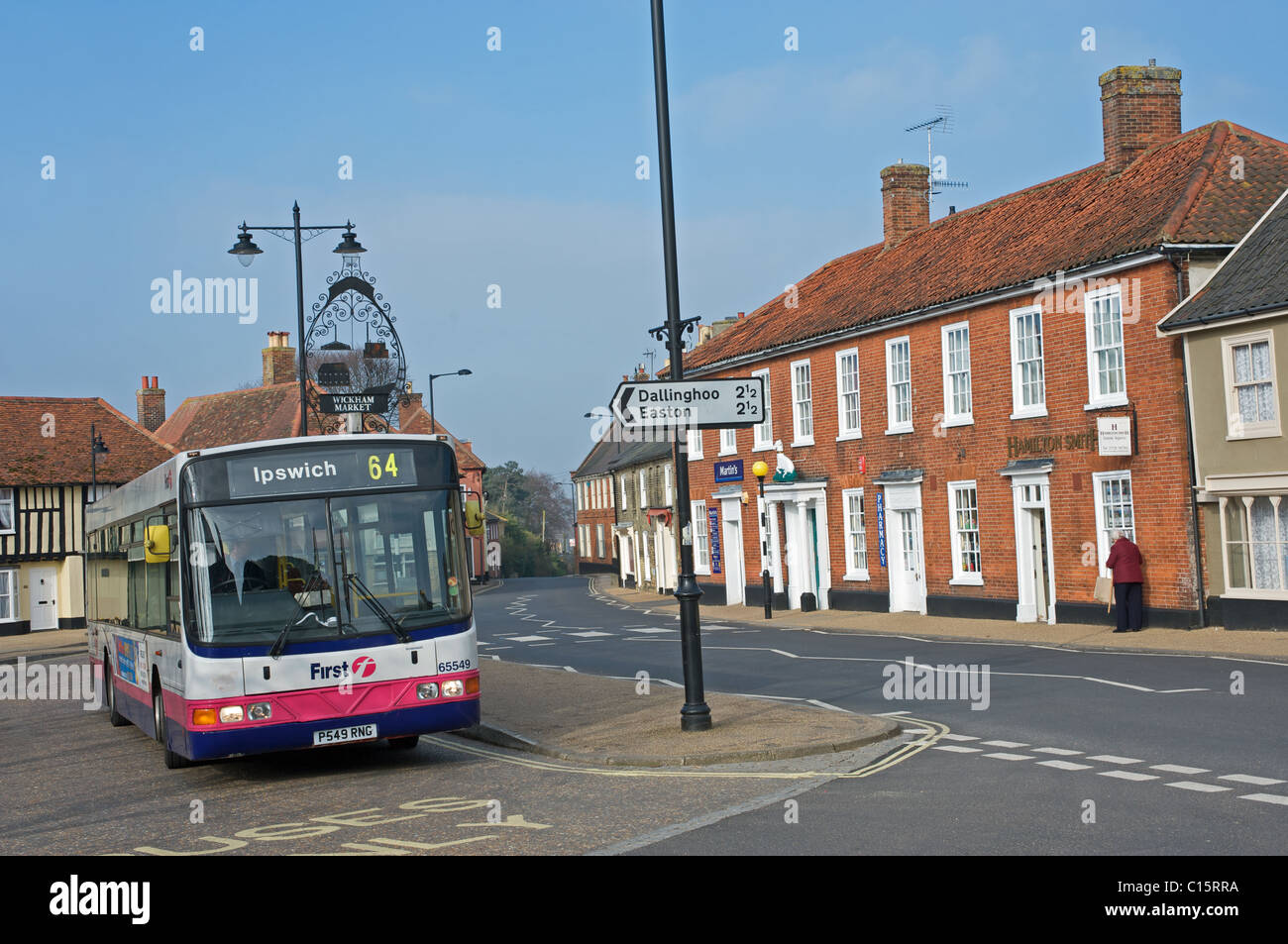 First bus on route to Ipswich, Wickham Market, Suffolk, UK Stock Photo ...