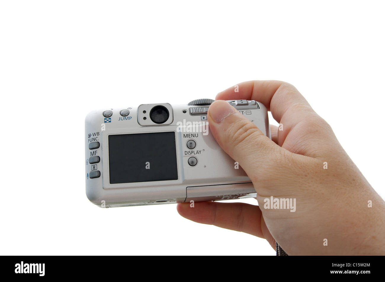 Digital camera in a hand isolated on white Stock Photo - Alamy