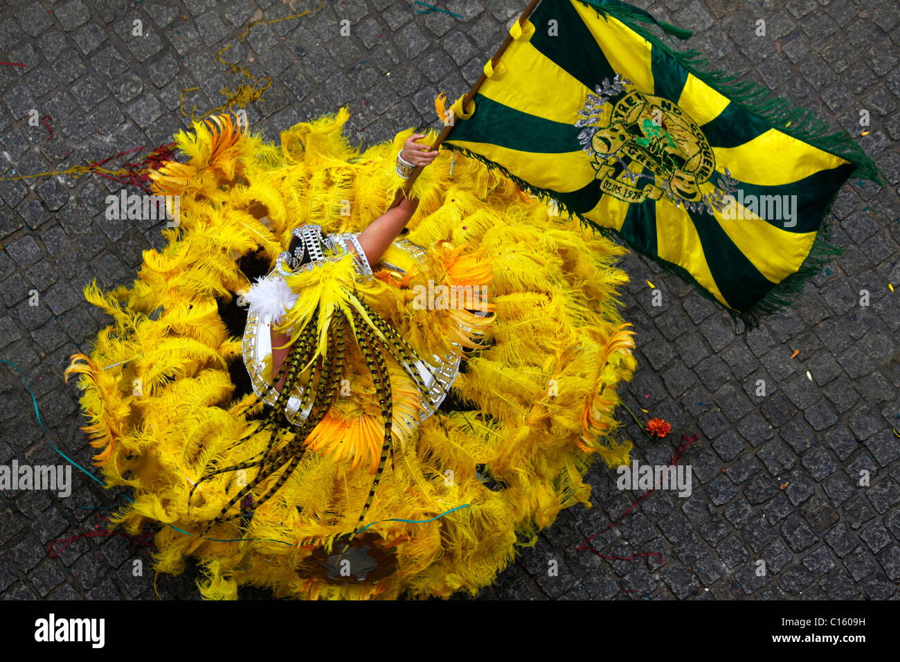 A female Samba dancer holds up the flag of a samba school at the ...