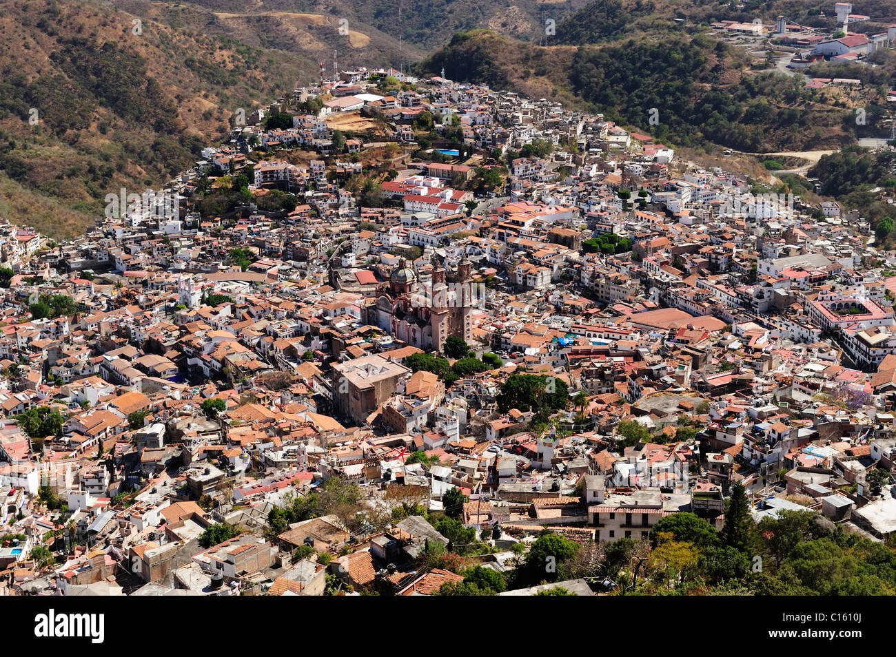 View of town from Cristo statue on the hillside above Taxco, Guerrero ...