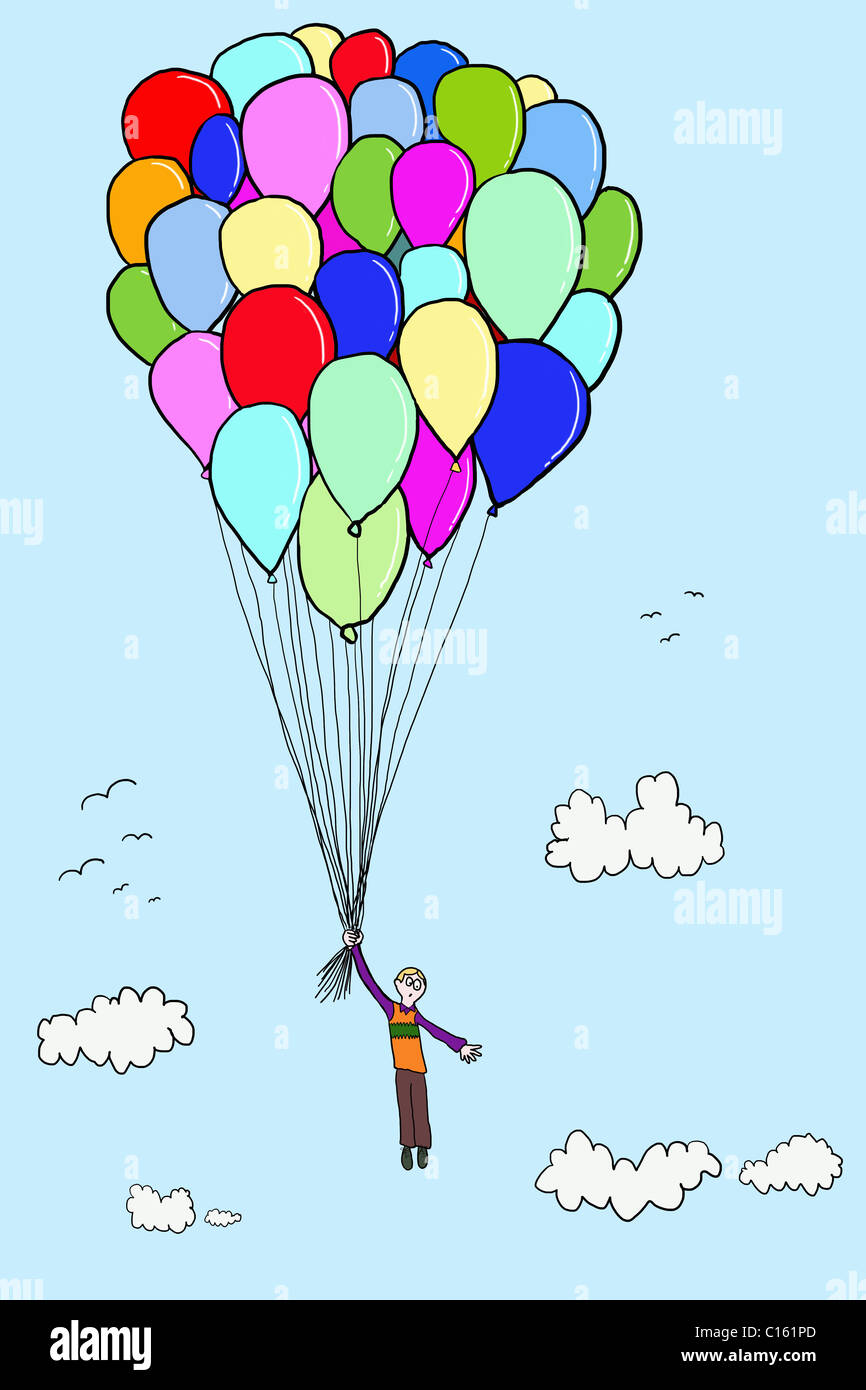 Boy floating with balloons, illustration Stock Photo - Alamy