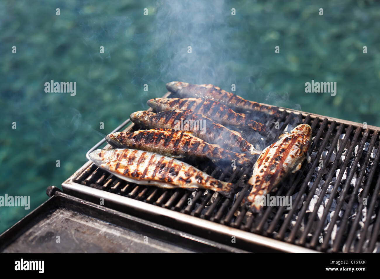 Fish on bbq on boat, Oludeniz, Turkey Stock Photo - Alamy