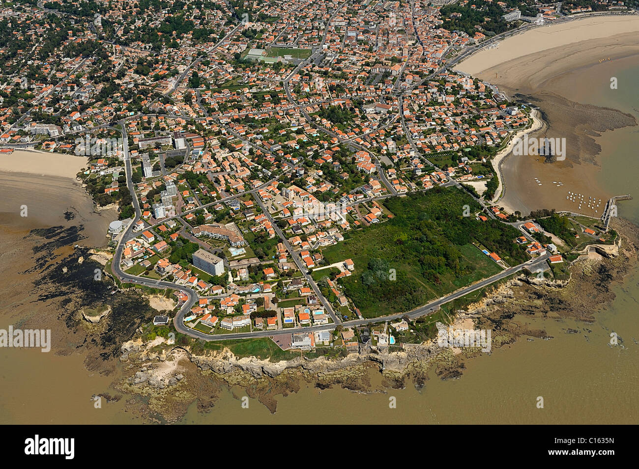 Aerial view of Royan city on the edges of Gironde estuary, Charente ...