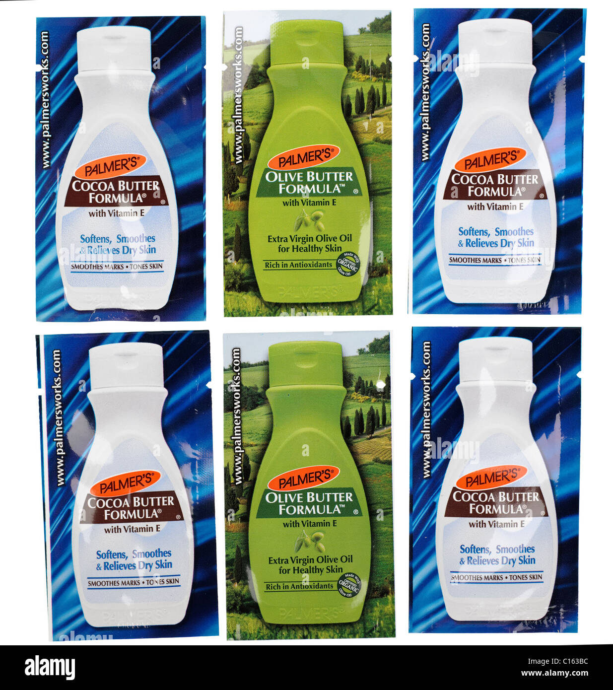 Six sample sachets of Palmers cocoa and olive butter formula skin ...