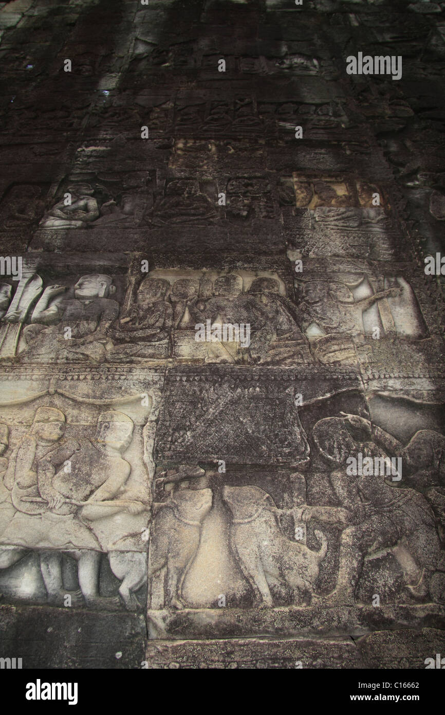 Bas-relief in the outer gallery of the Bayon, a temple located inside ...