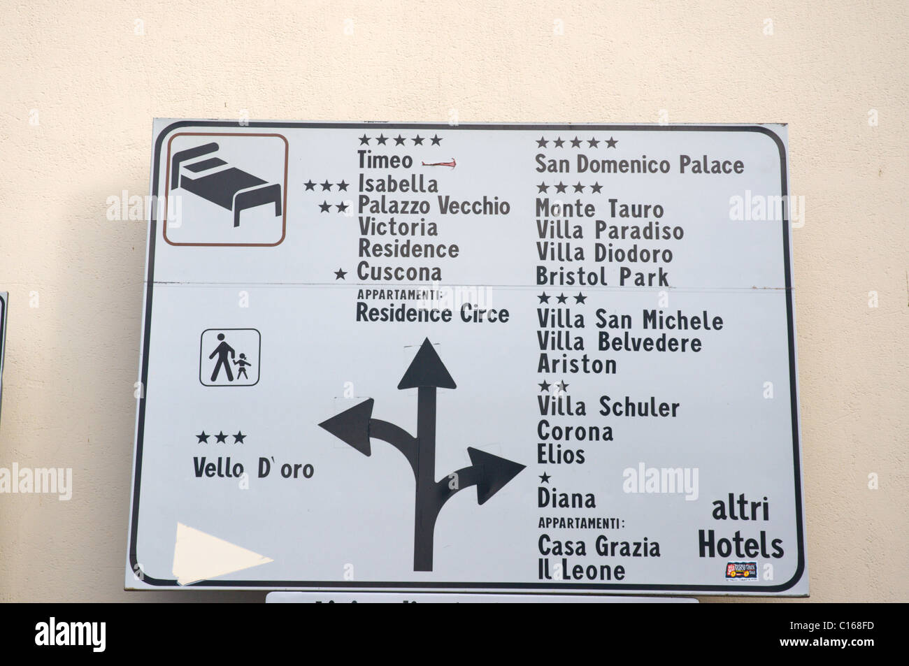 Sign indicating hotels along Corso Umberto I street old town Taormina ...