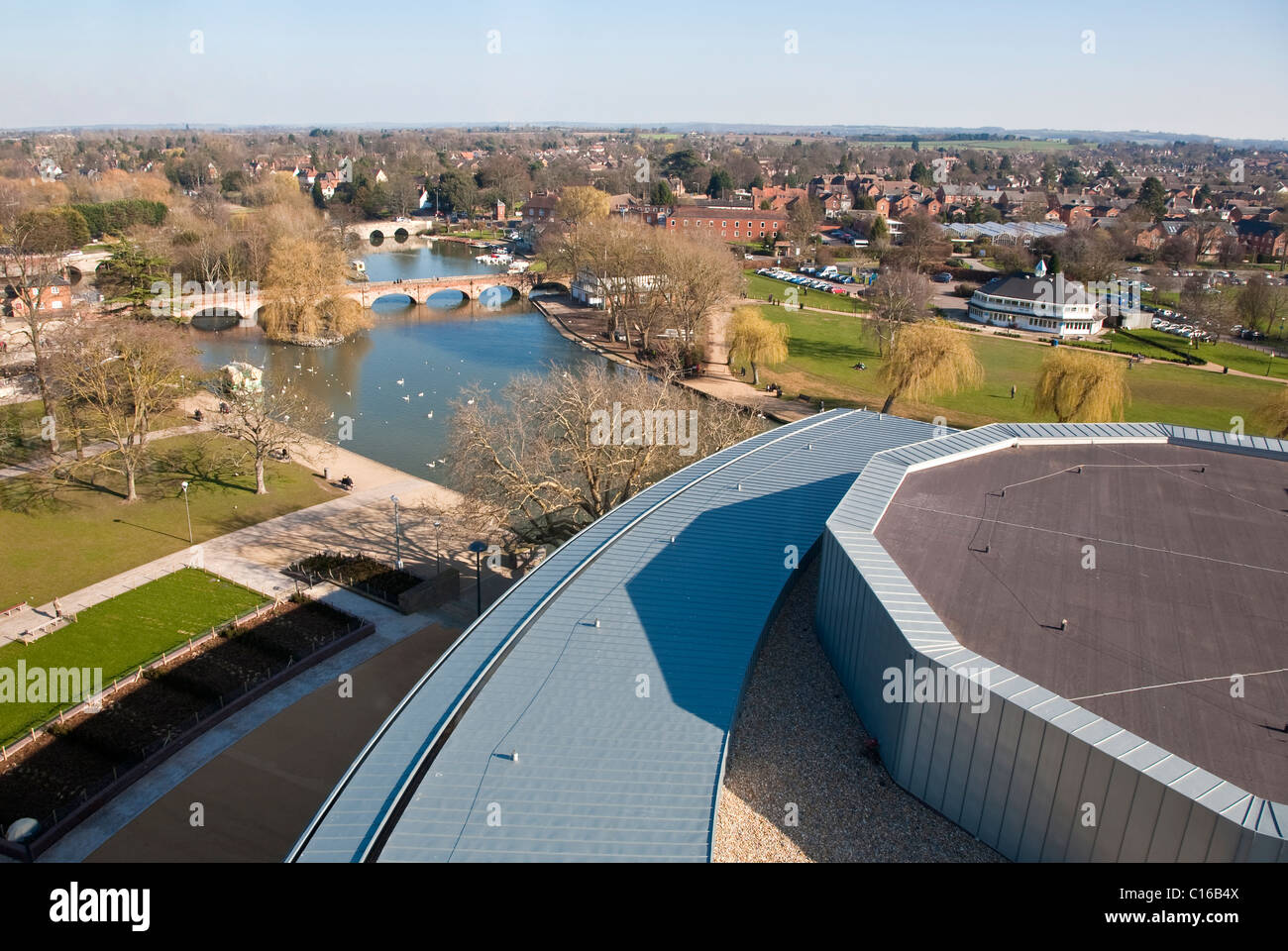 View of Clopton and Tramway bridges over the river Avon from the tower ...