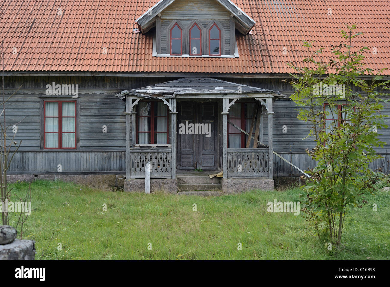 Old wooden house with veranda and gingerbread work, Smaland Sweden ...